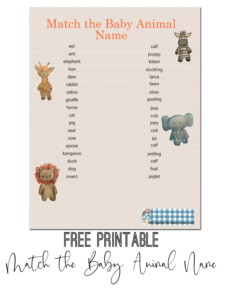 Printable Baby Animal Name Game Sunflower Elephant Name The Baby